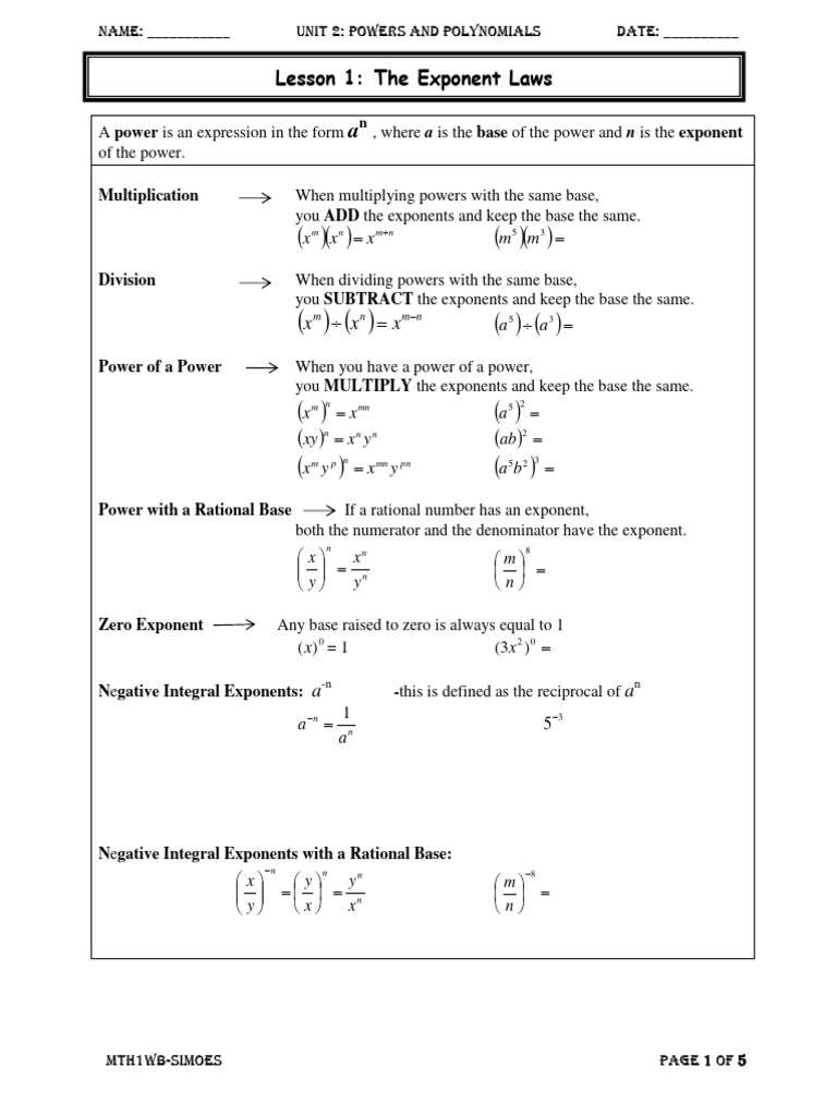 Lesson 1 - The Exponent Laws | PDF | Elementary Mathematics | Arithmetic