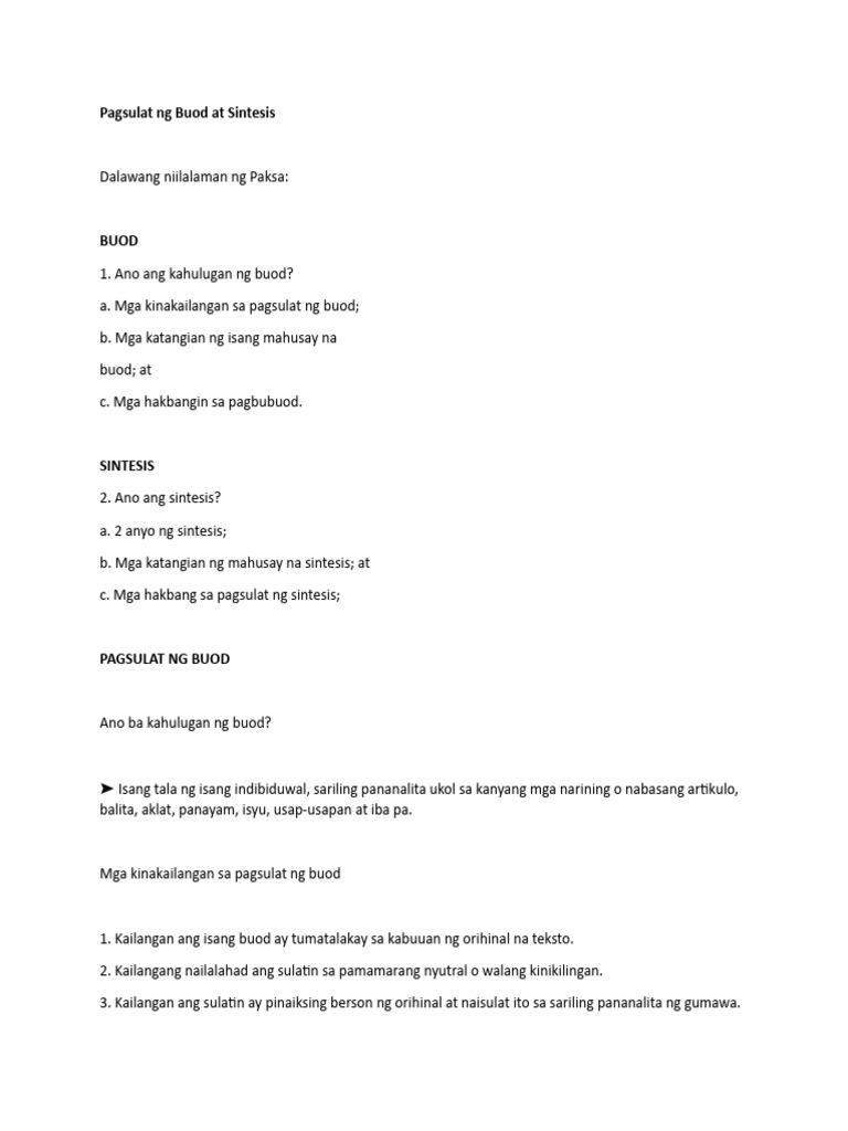 Buod at Sintesis Group 3 | PDF