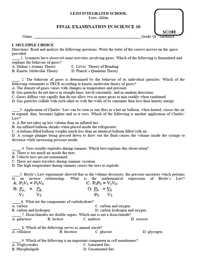 4th Quarterly Test in Science 10 | PDF | Carbohydrates | Gases