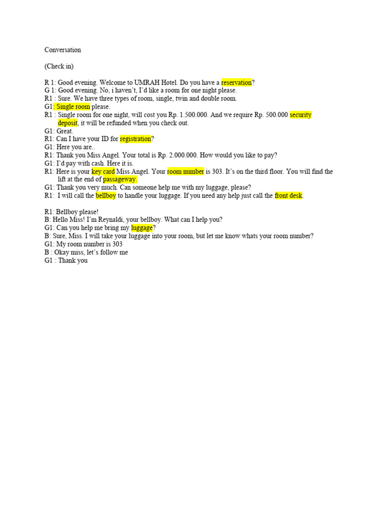 Hotel Check-In and Check-Out Script | PDF