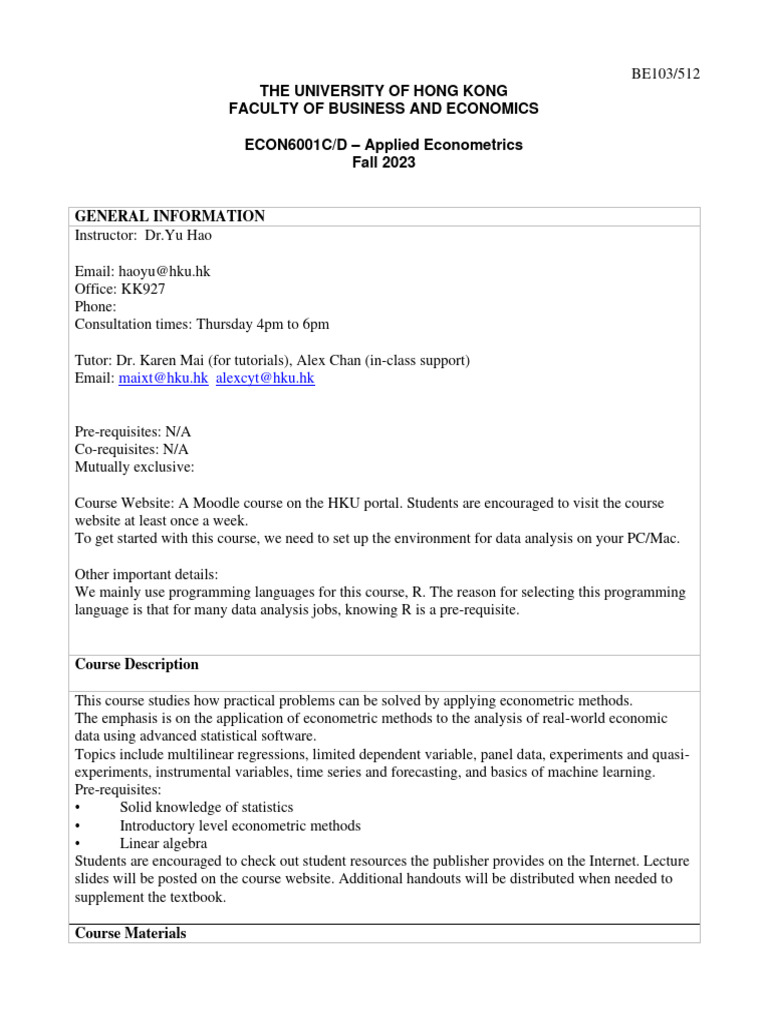 ECON6001CD Course Outline - 2023 | PDF | Econometrics | Regression Analysis