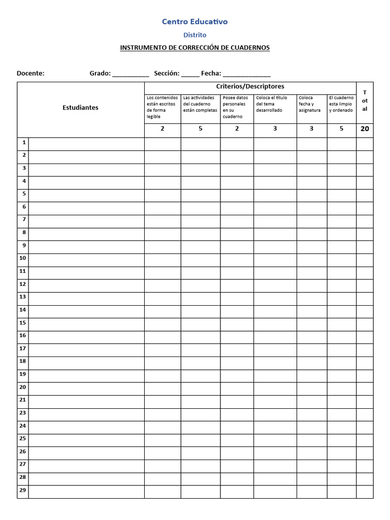 Rubrica para Evaluar Cuadernos Escolares | PDF