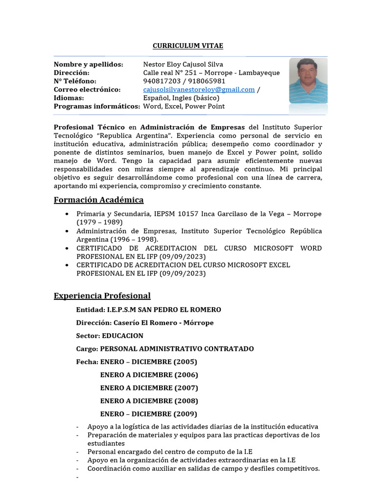 Curriculum Vitae Nestor Eloy Cajusol Silva | PDF | Crecimiento personal y profesional