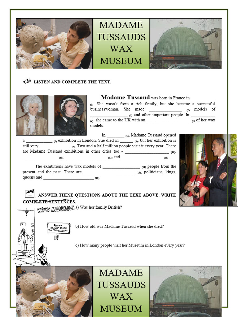 Madame Tussauds Wax Museum Reading Comprehension Exercises Tests ...