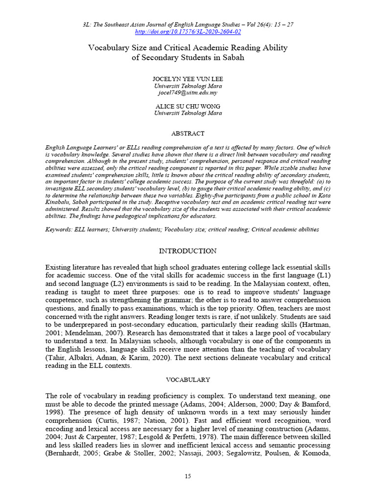 Voc Size Malaysia | PDF | Schema (Psychology) | Reading Comprehension