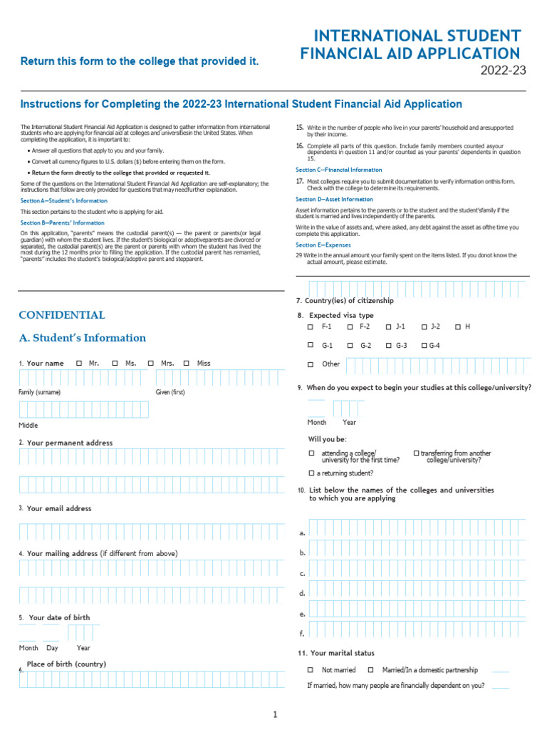 2022 2023 International Student Financial Aid Application | PDF | Debt ...