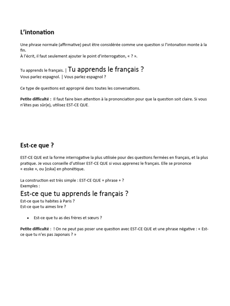 Types de questions en français | PDF