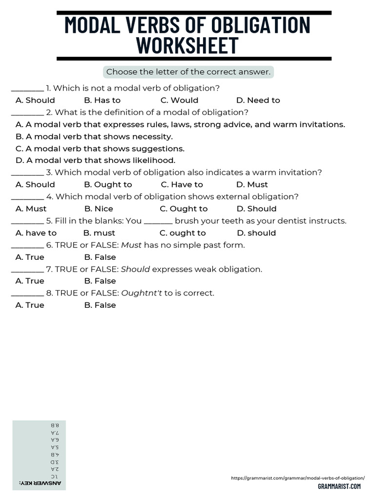 Modal Verbs of Obligation Worksheet 1 | PDF