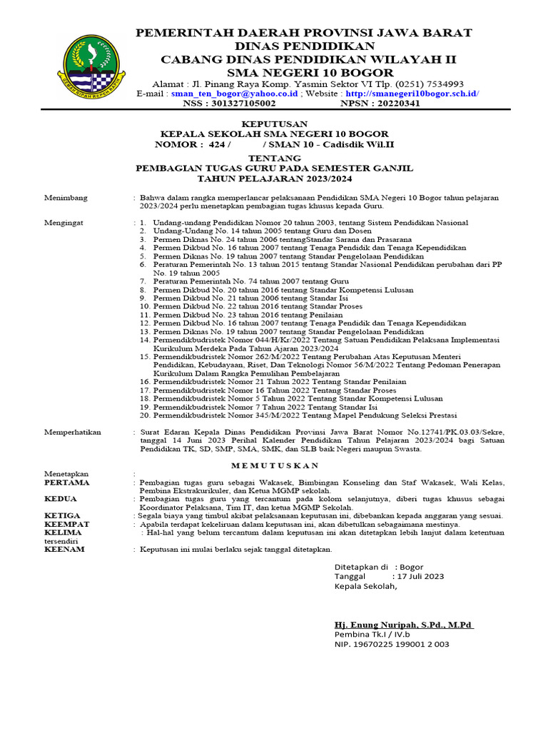 Consideran SK Mengajar Semester Genap Tahun Pelajaran 2023-2024 Terbaru | PDF