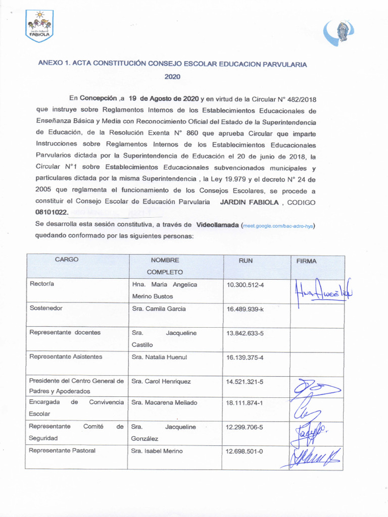 Acta Constitucion Consejo Escolar Educacion Parvulario 2020 | PDF