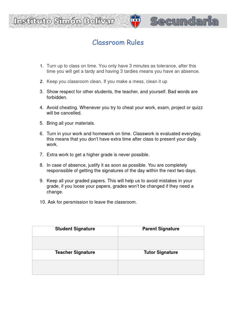 Classroom Rules: Student Signature Parent Signature | PDF | Multiple ...