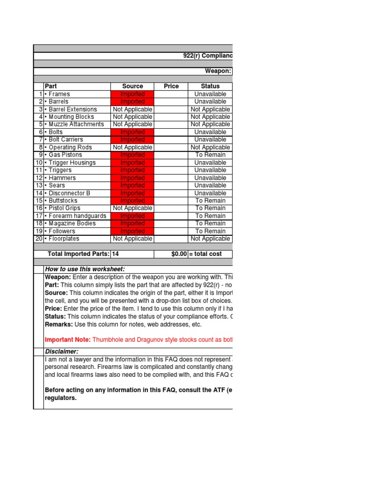 922(r) Compliance Parts Worksheet | PDF