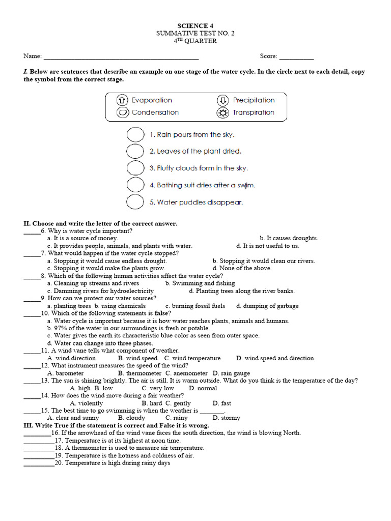 Grade 4 Science Summative Test 4th Qtr | PDF | Water | Wound