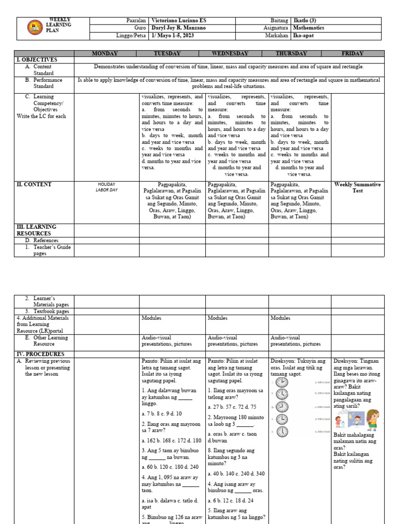 Monday Tuesday Wednesday Thursday Friday I. Objectives: Weekly Learning Plan | PDF | Learning ...