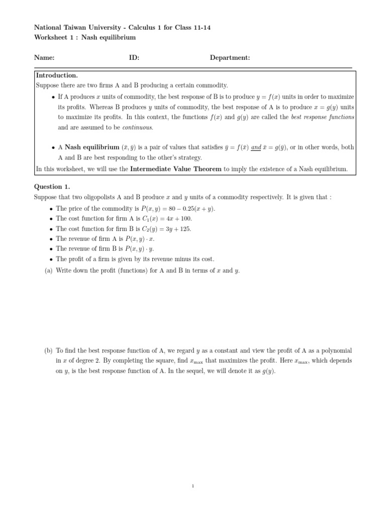 Worksheet 1 Nash Equilibrium | PDF | Economic Equilibrium | Profit ...