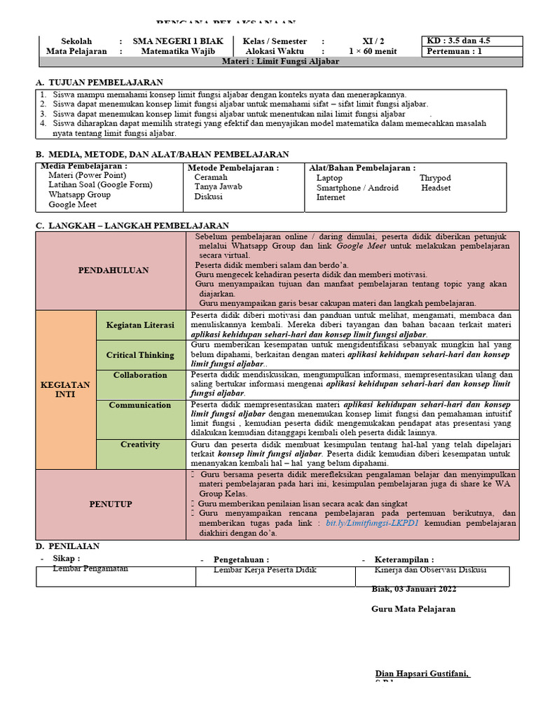 RPP LIMIT Fungsi Aljabar | PDF