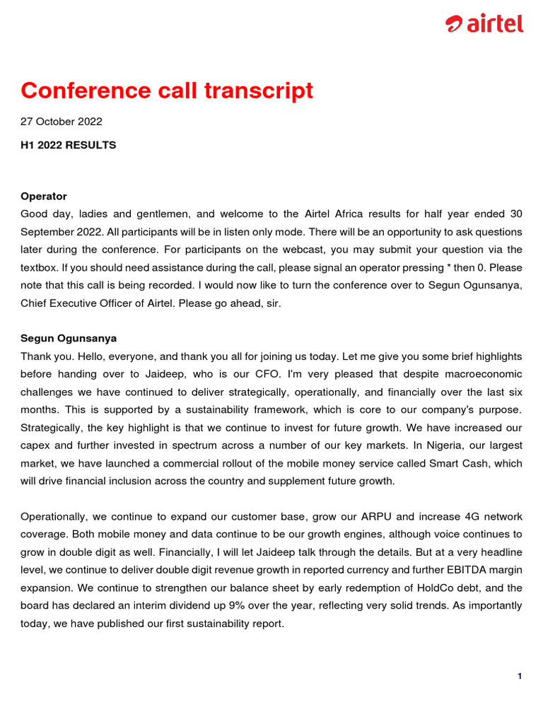 Conference Call Transcript H1 2023 | Download Free PDF | Foreign ...