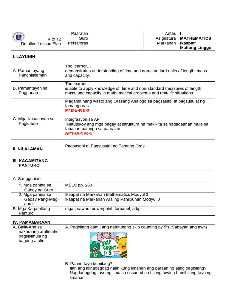 Q4 MOV DLL Math Paggamit NG Orasan | PDF