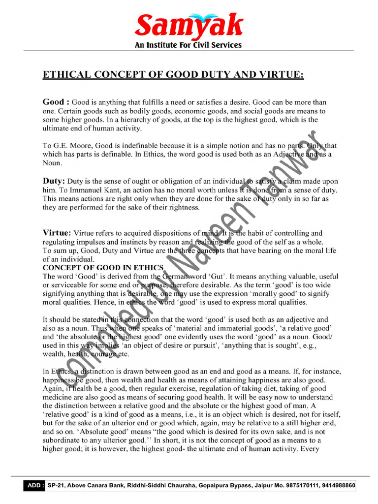 Ethical Concept of Good Duty and Virtue | PDF
