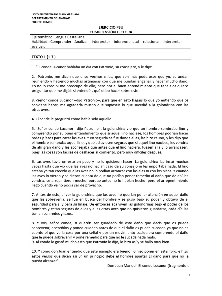 "Comprensión Lectora: El Conde Lucanor y Don Quijote" | PDF | Don ...