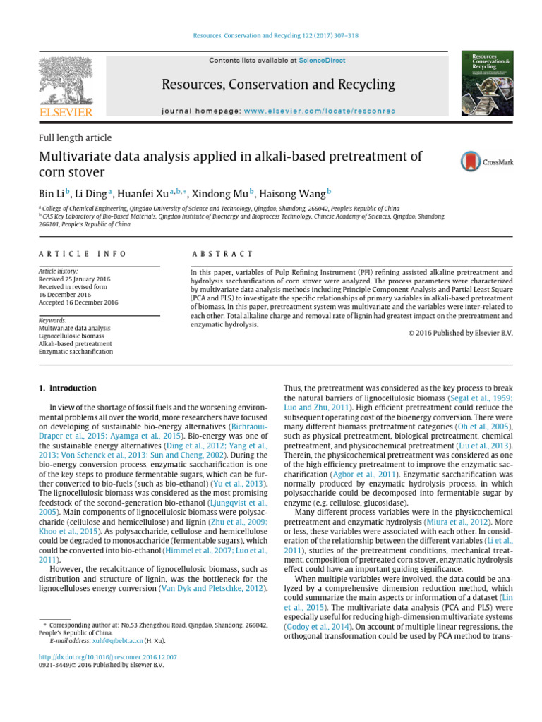 Multivariate Data Analysis Applied in Alkali-Based Pretreatment of Corn ... Multivariate Data Analysis Applied in Alkali-Based Pretreatment of Corn ...