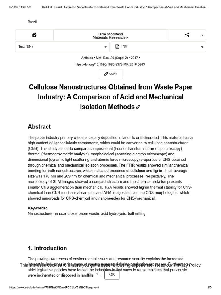 Cellulose Nanostructures Obtained From Waste Paper Industry | PDF | Atomic Force Microscopy ...
