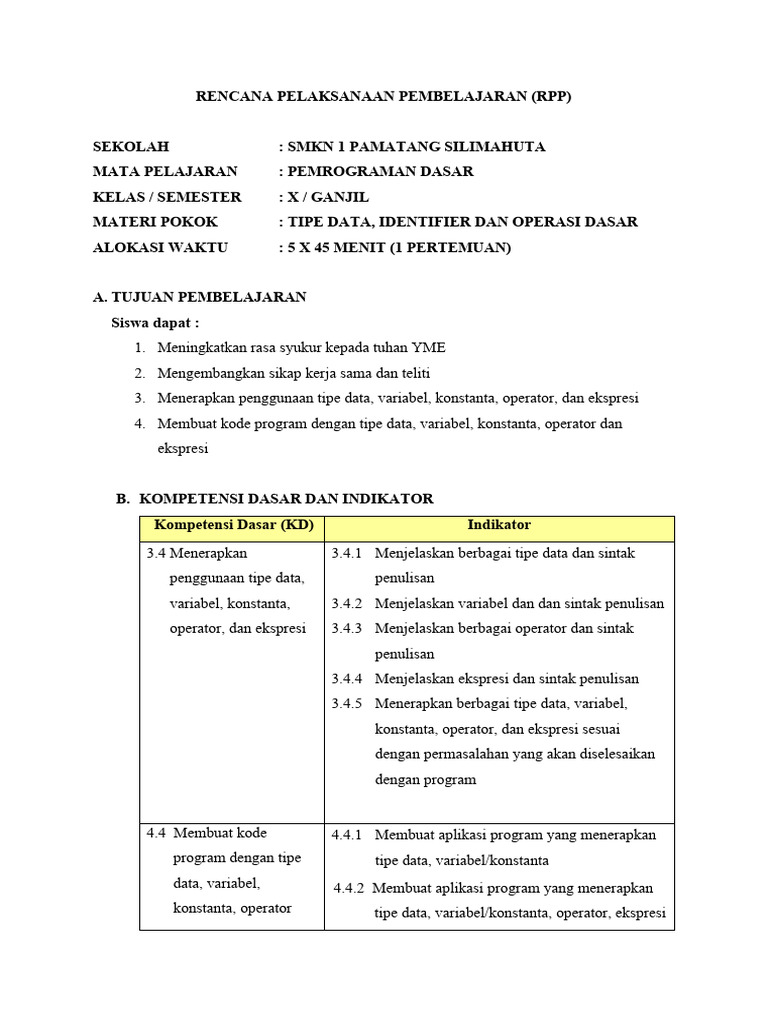 RPP-4 Tipe Data-IDentifier Dan Operasi Dasar 10 | PDF