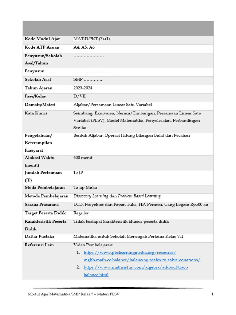 Modul Ajar 7 PLSV MGMP Mat | PDF