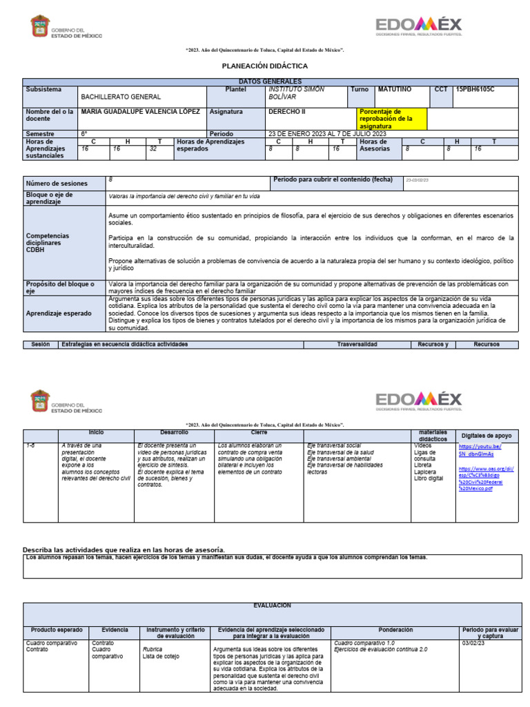 Planeación Of. Derecho Ii | PDF | Evaluación | Aprendizaje