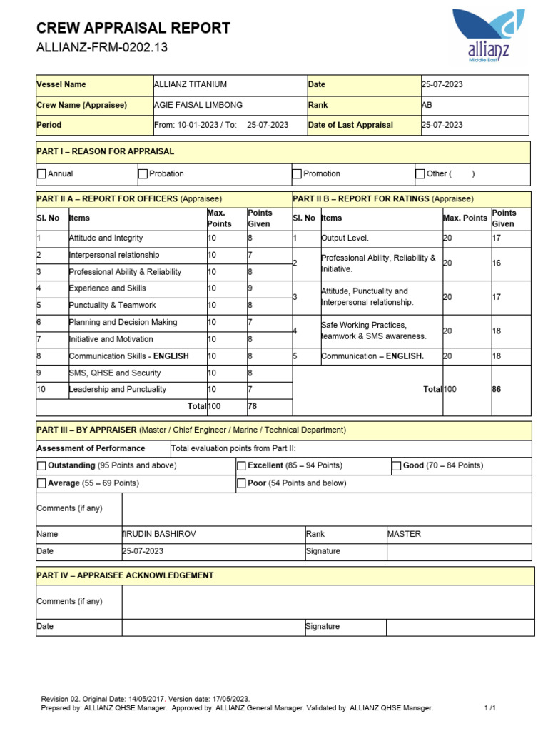 Crew Appraisal Report: ALLIANZ-FRM-0202.13 | PDF | Cognition | Psychology
