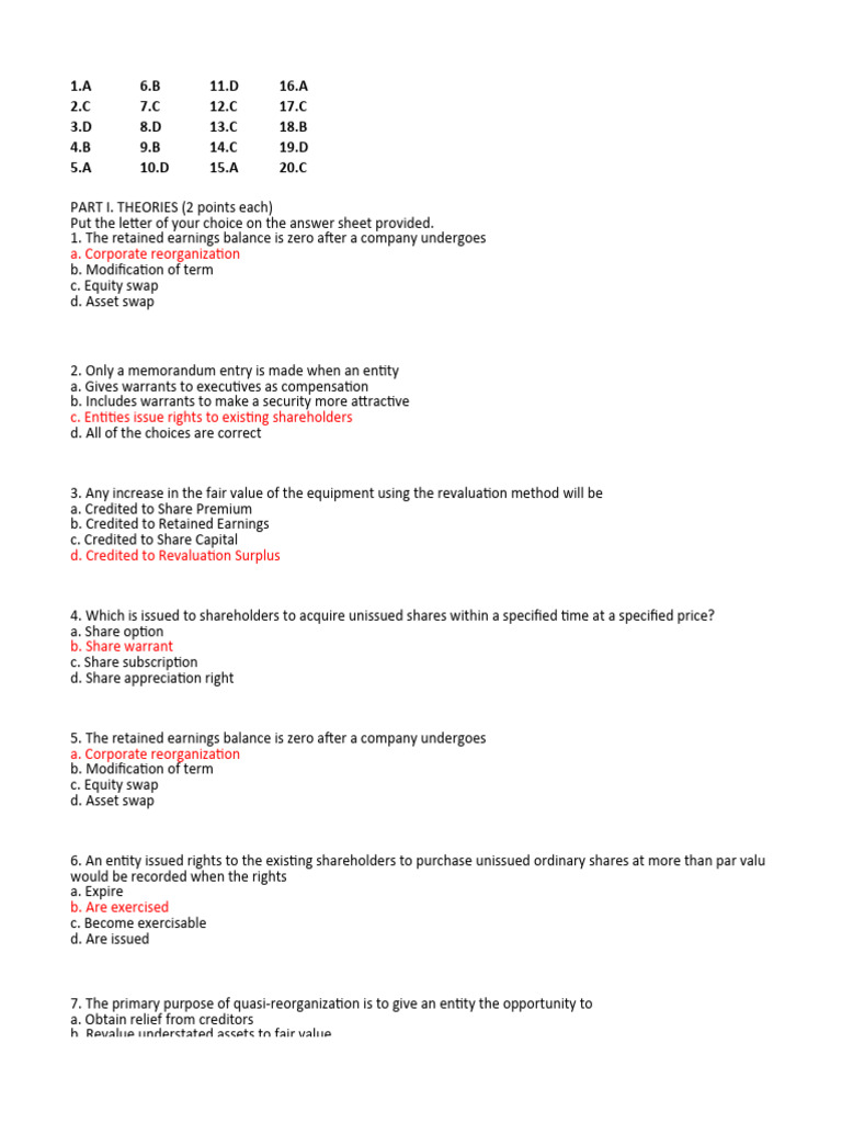 A. Corporate Reorganization: 1.A 6.B 11.D 16.A 2.C 7.C 12.C 17.C 3.D 8 ...