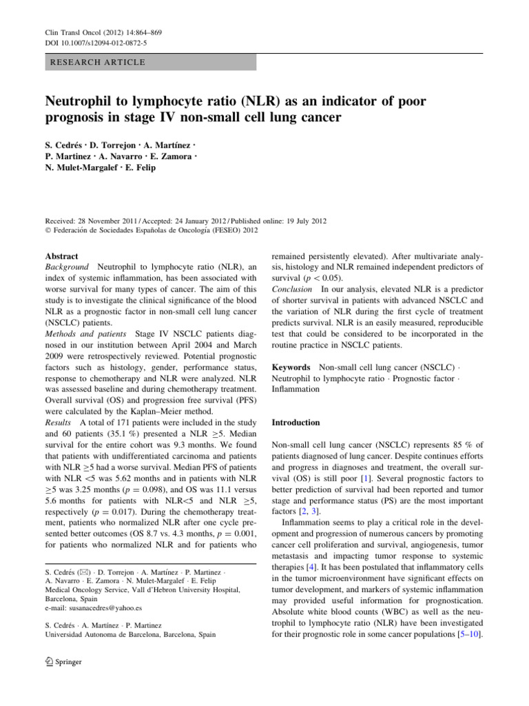 Neutrophil To Lymphocyte Ratio (NLR) As An Indicator of Poor Prognosis ...