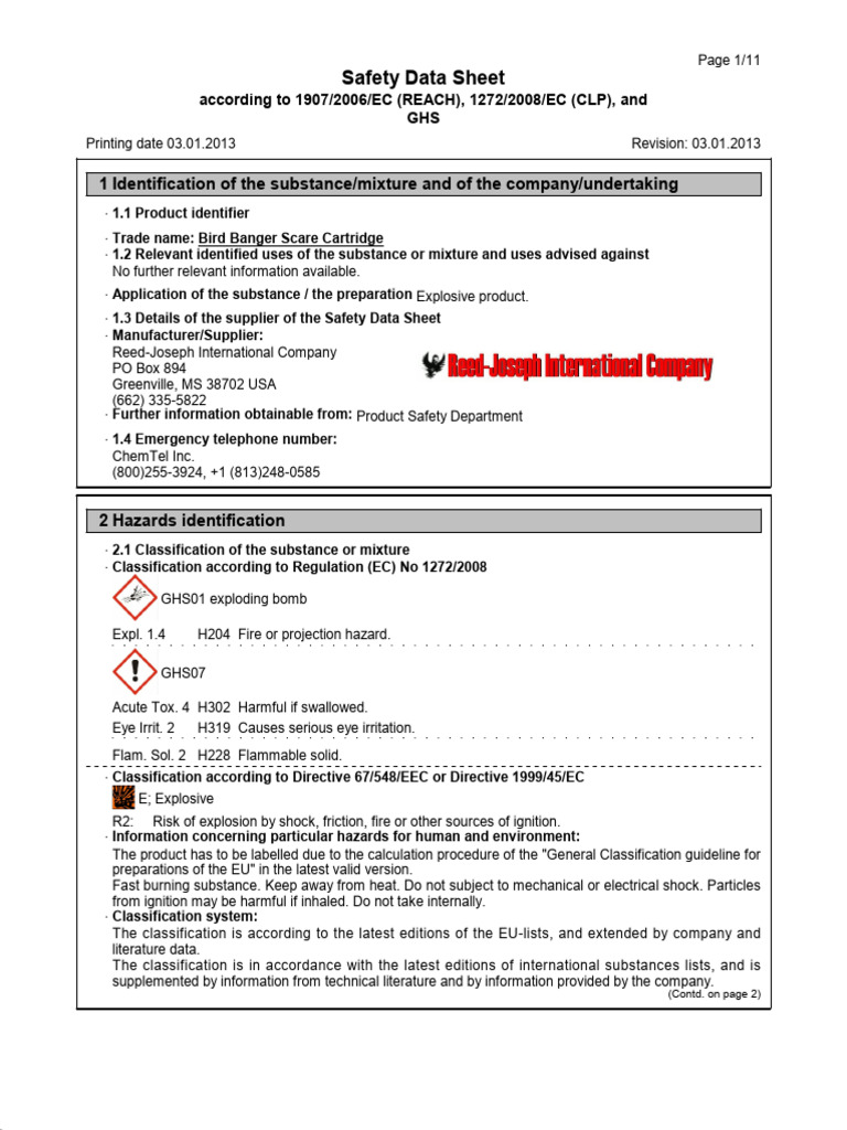 MSDS Bird Banger 1-3-13 | PDF | Firefighting | Toxicity