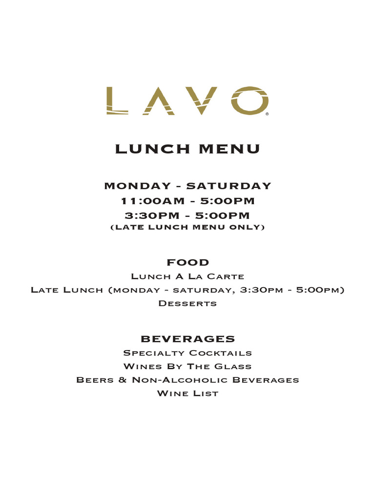 Lavo NYC Lunch and Drink Menu | PDF | Wine | Fermented Drinks
