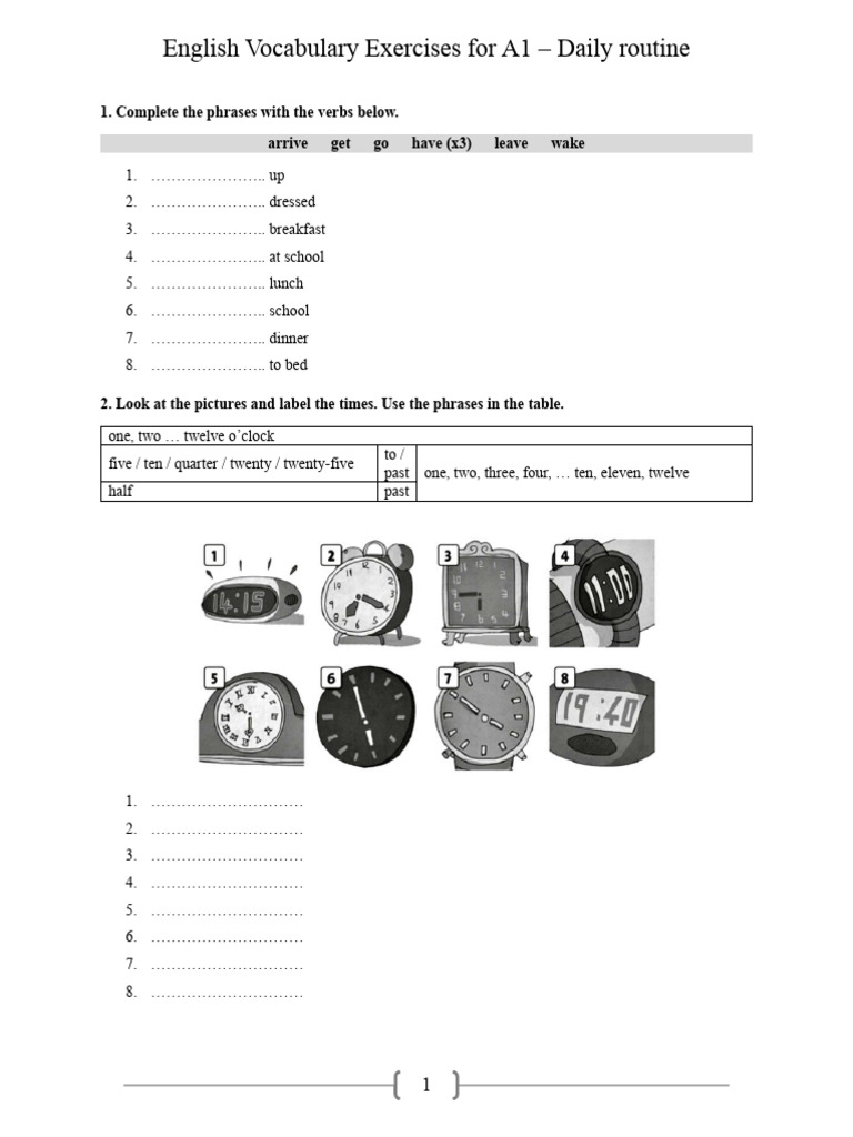 A1 English Vocabulary: Daily Routine Exercises | PDF | Linguistics | Syntax