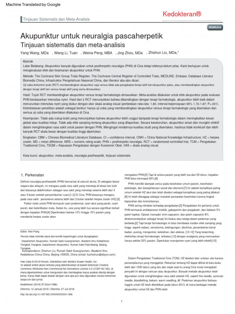 Acupuncture For Postherpetic Neuralgia Systematic - Indo | PDF