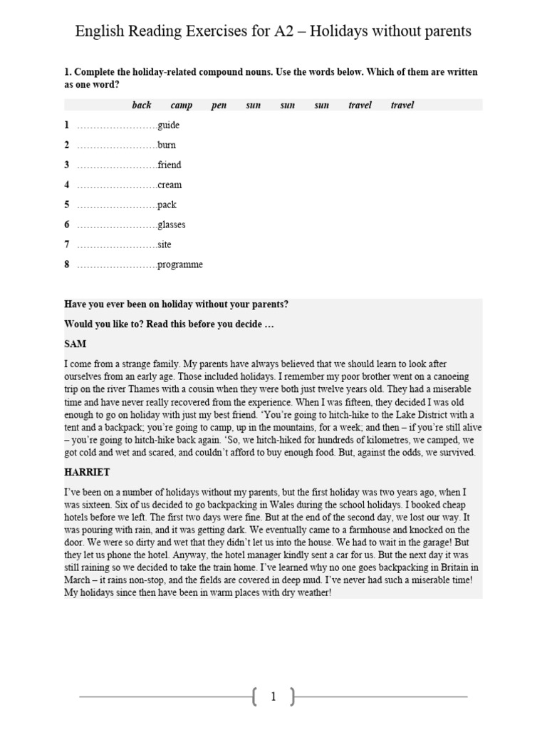 English Reading Exercises For A2 - Holidays Without Parents | PDF ...