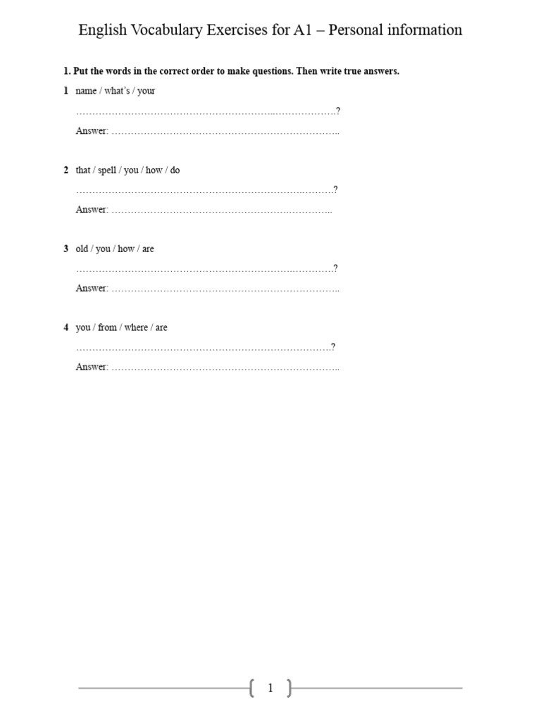 English Vocabulary Exercises for A1 – Personal information | PDF