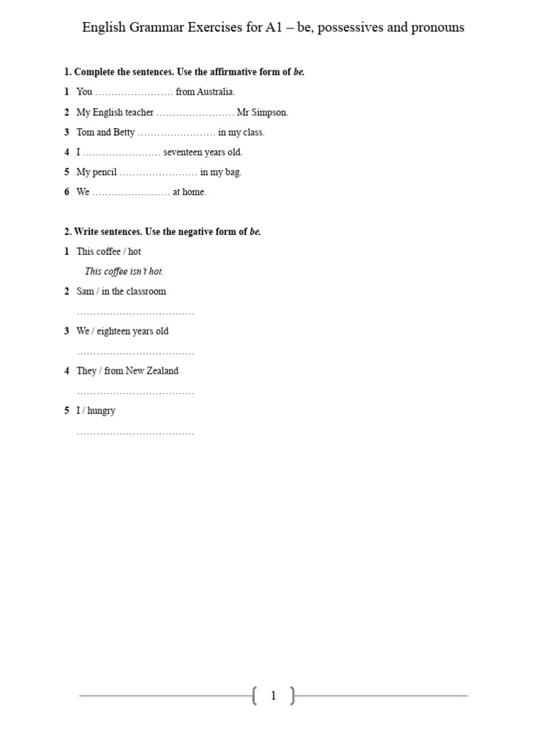 A1 Grammar Exercises: Be, Possessives, Pronouns | PDF | English Grammar | Morphology