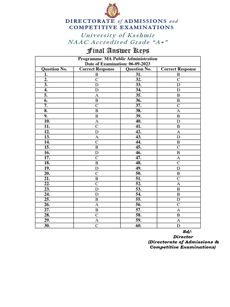 Final Answer Keys: University of Kashmir | PDF