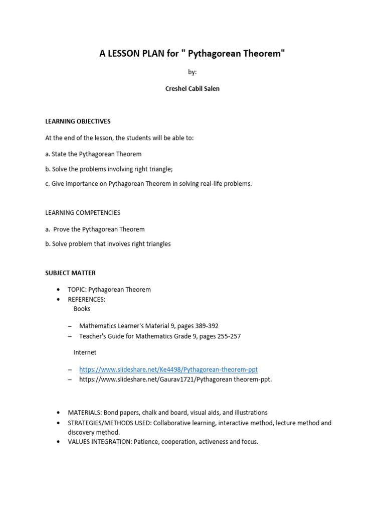 A LESSON PLAN For Pythagorean Theorem | PDF | Mathematics | Elementary Geometry