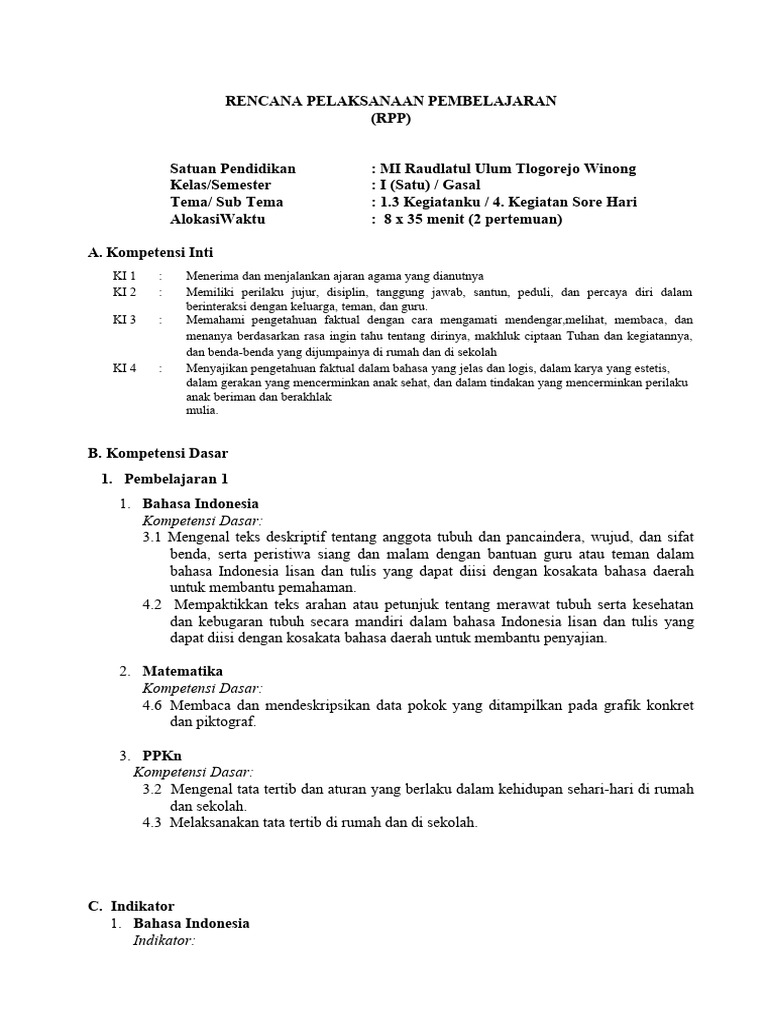 RPP Kls 1 - Tema 3 - Subtema 4 | PDF | Karier & Perkembangan | Seni & Disiplin Bahasa