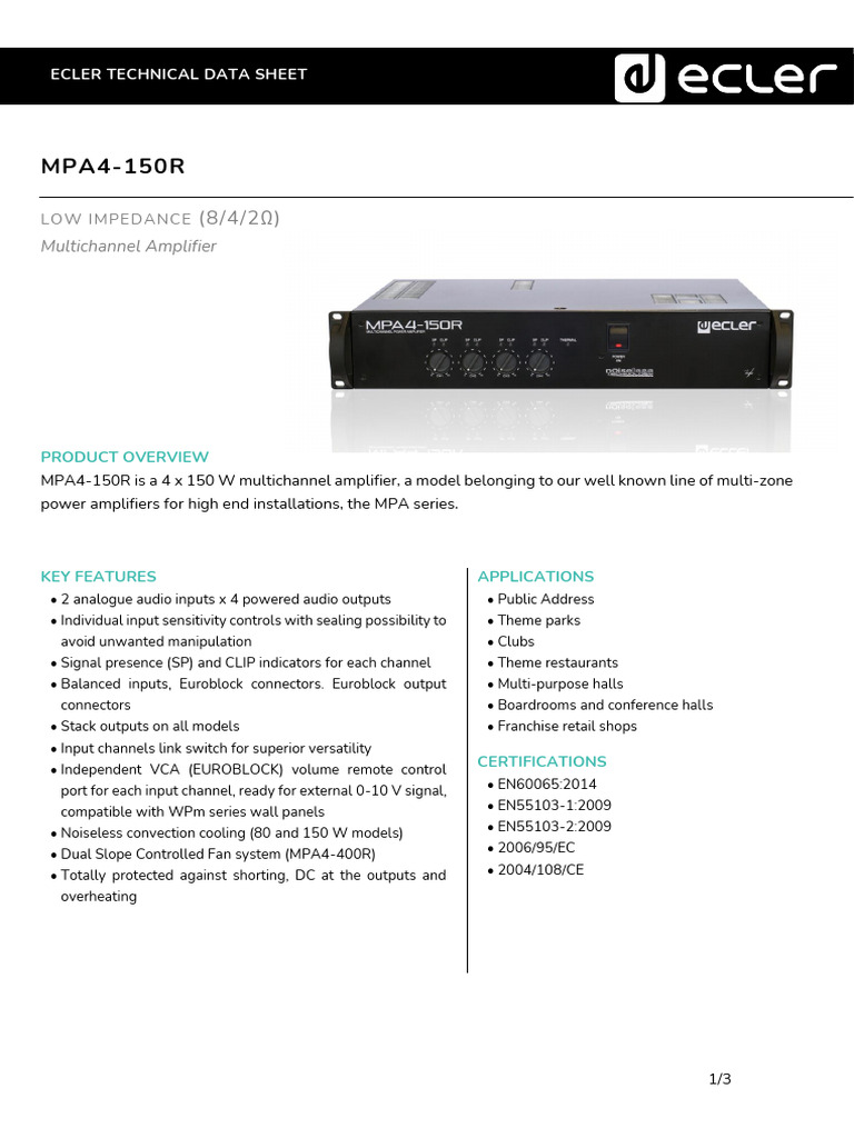 Ecler MPA4-150R Data Sheet | PDF | Amplifier | Electronic Engineering