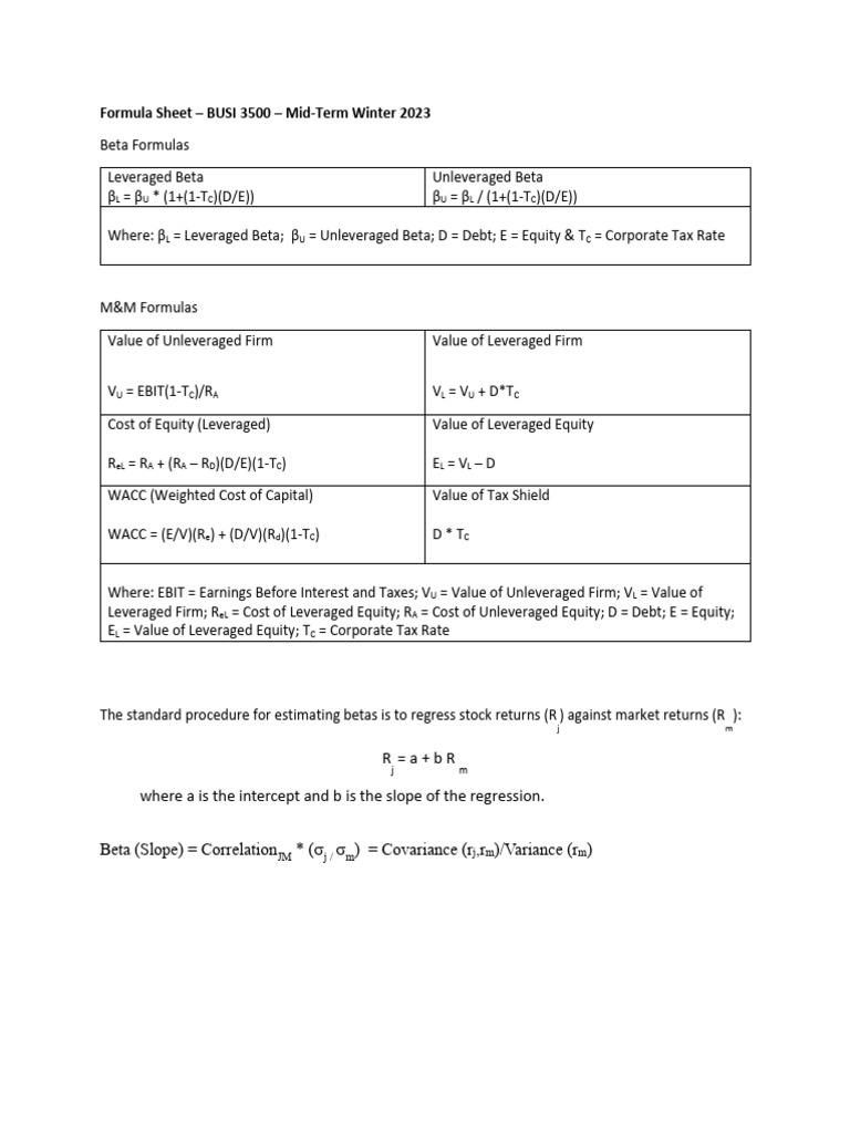 BUSI 3500 Mid-Term Formula Sheet 2023 | PDF | Teaching Methods & Materials