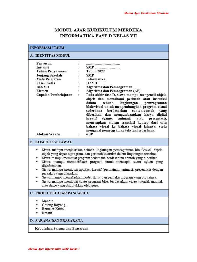 Modul Ajar Pemrograman Visual Kelas 7 | PDF