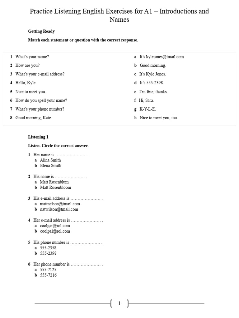 Practice Listening English Exercises For A1 - Introductions and Names | PDF