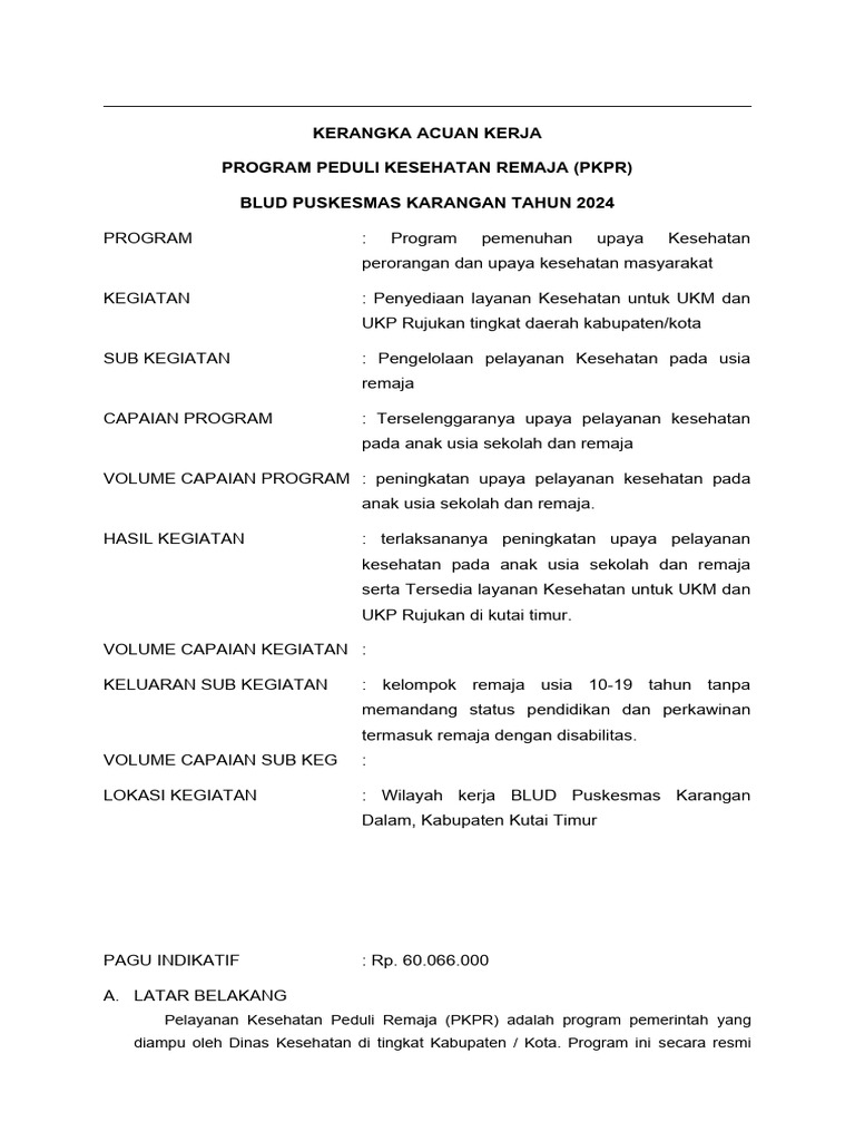 KERANGKA ACUAN KERJA PKPR 2024 | PDF