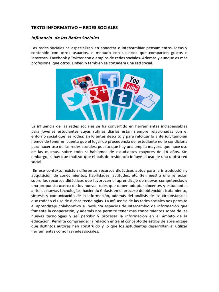 Texto Informativos Redes | PDF | Servicio de redes sociales | Aprendizaje