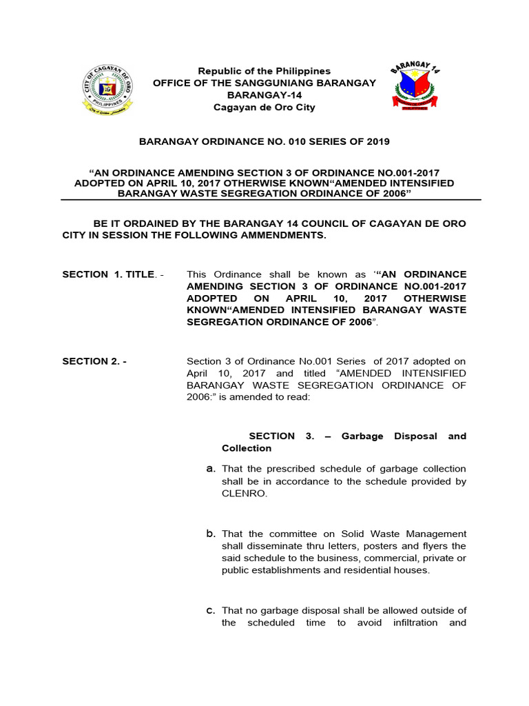 Amending Ordinance No.001-2017 | Download Free PDF | Waste | Waste ... Amending Ordinance No.001-2017 | Download Free PDF | Waste | Waste ...