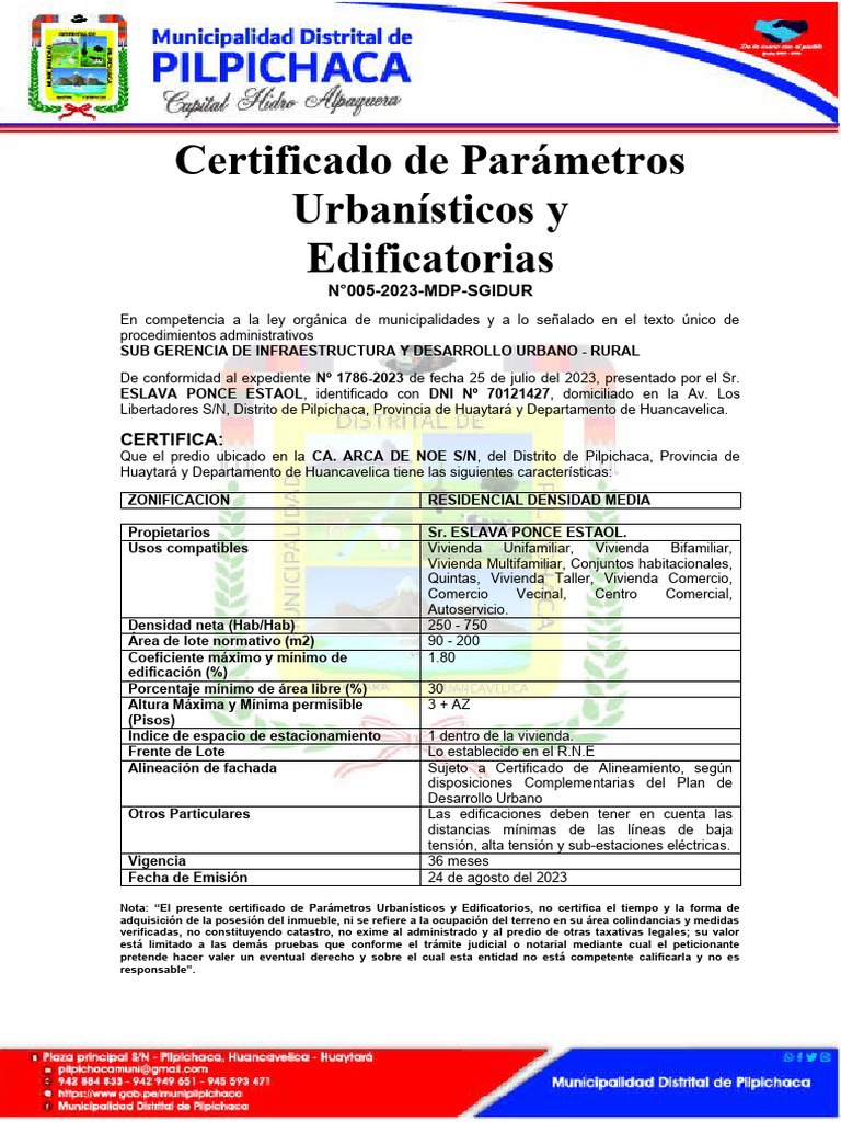 N°005-Certificado de Parámetros Urbanísticos y Edificatorias ESTAOL ESLAVA PONCE | PDF | Gobierno